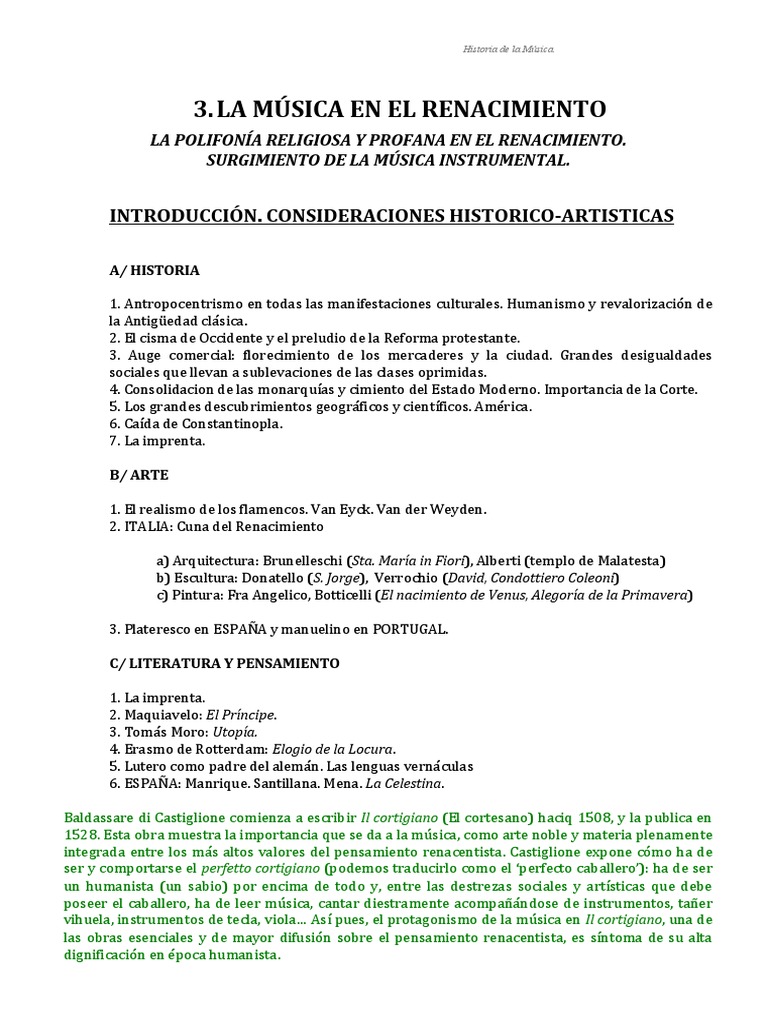Tema 3. La Música en El Renacimiento. | PDF | Renacimiento | Canciones
