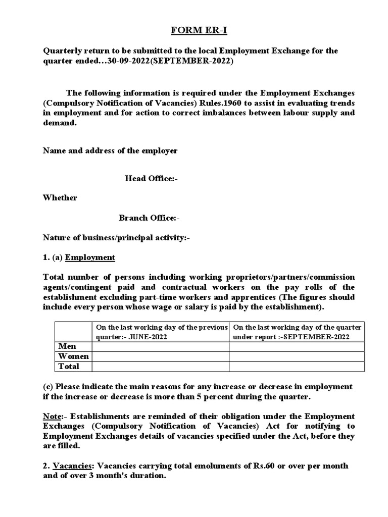ER-I Quarterly Employment Return Form | PDF | Employment | Labor