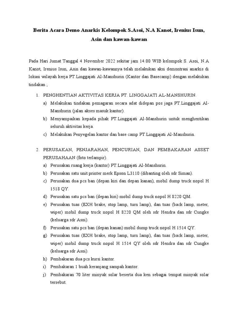 Berita Acara Demo Anarkis 4 Nov 2022 | PDF