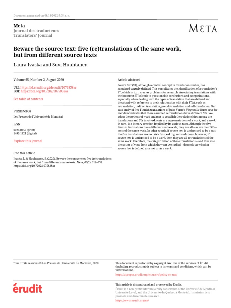 Beware The Source Text Five Re Translations Of The Same Work But From Different Source Texts