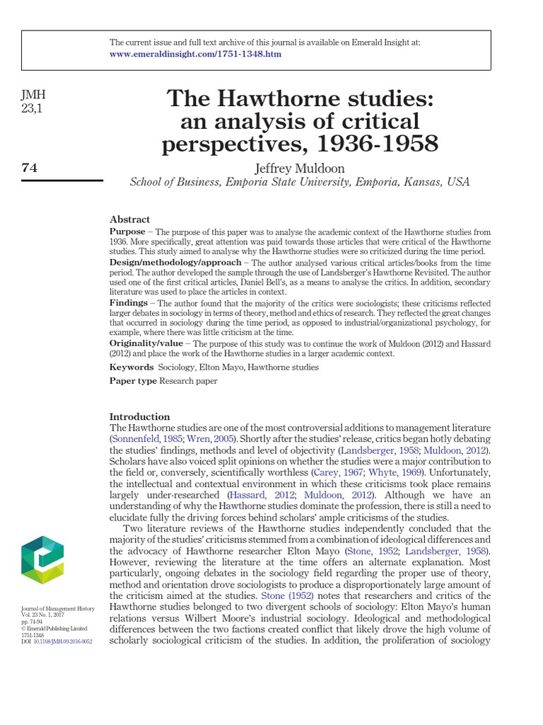 Jeffrey Muldoon - Hawthorne Studies Analysis - Mayo | PDF | Sociology ...