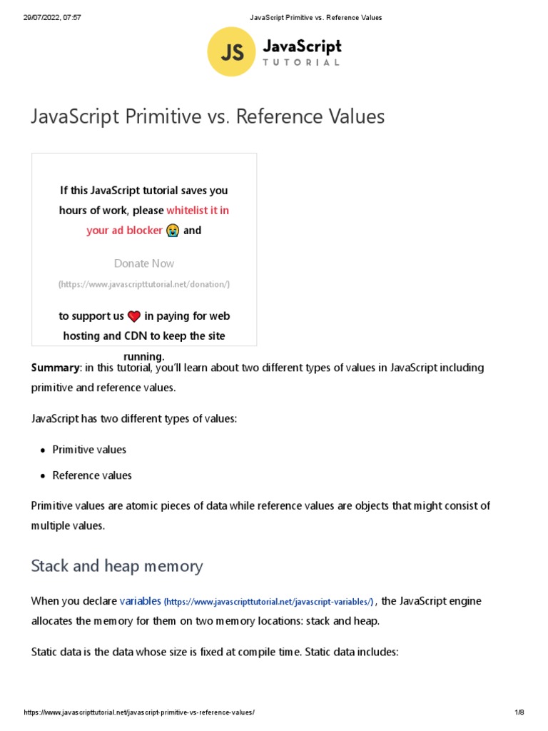 Javascript Primitive Vs Reference Values Pdf Variable Computer Science Java Script 
