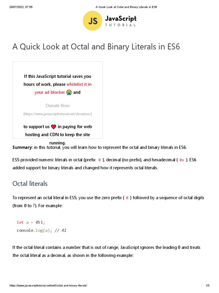 A Quick Look at Octal and Binary Literals in ES6 | PDF | Computer Science | Theory Of Computation