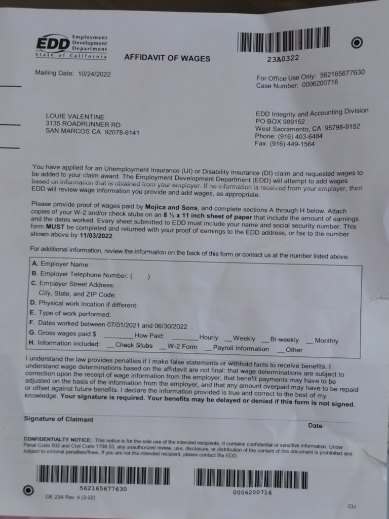 edd letter affidavit of wages 2022 | PDF