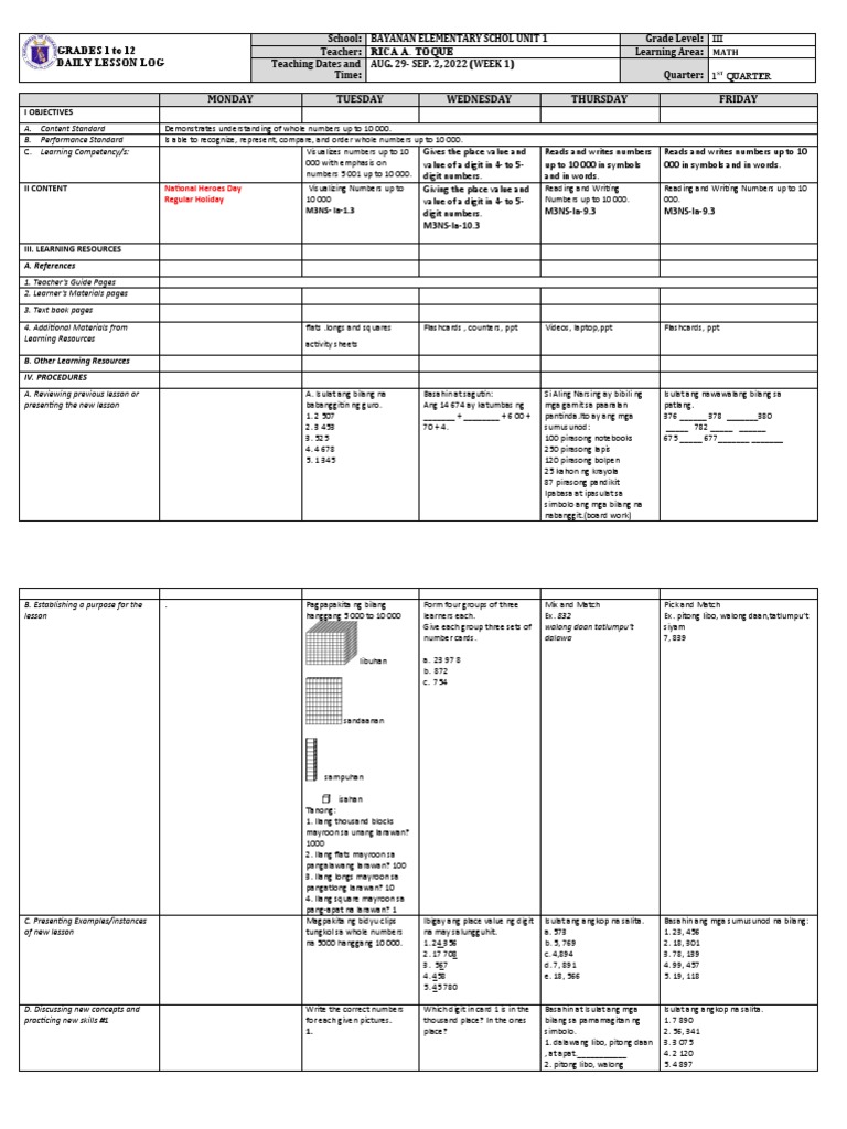 DLL Math-3 Q1 W1-1 | PDF | Teaching | Cognitive Science