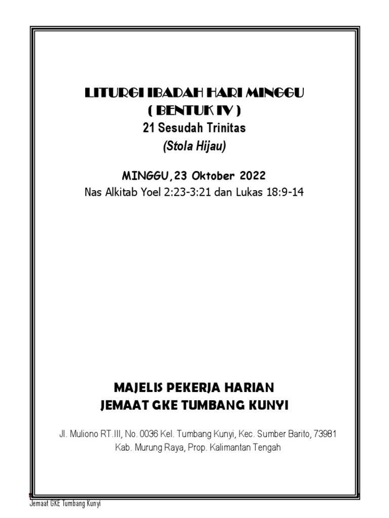 Liturgi Bentuk 4 MINGGU 23 Oktober 2022 | PDF