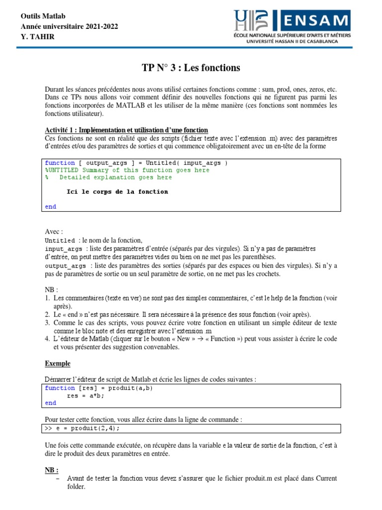 Matlab - TP3 - Les Fonctions | PDF | Interface en ligne de commande | Informatique