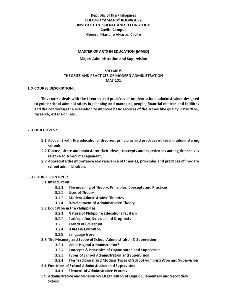 Syllabus Theories and Practice of Modern Administration Mas 101 | PDF | Theory | Cognition