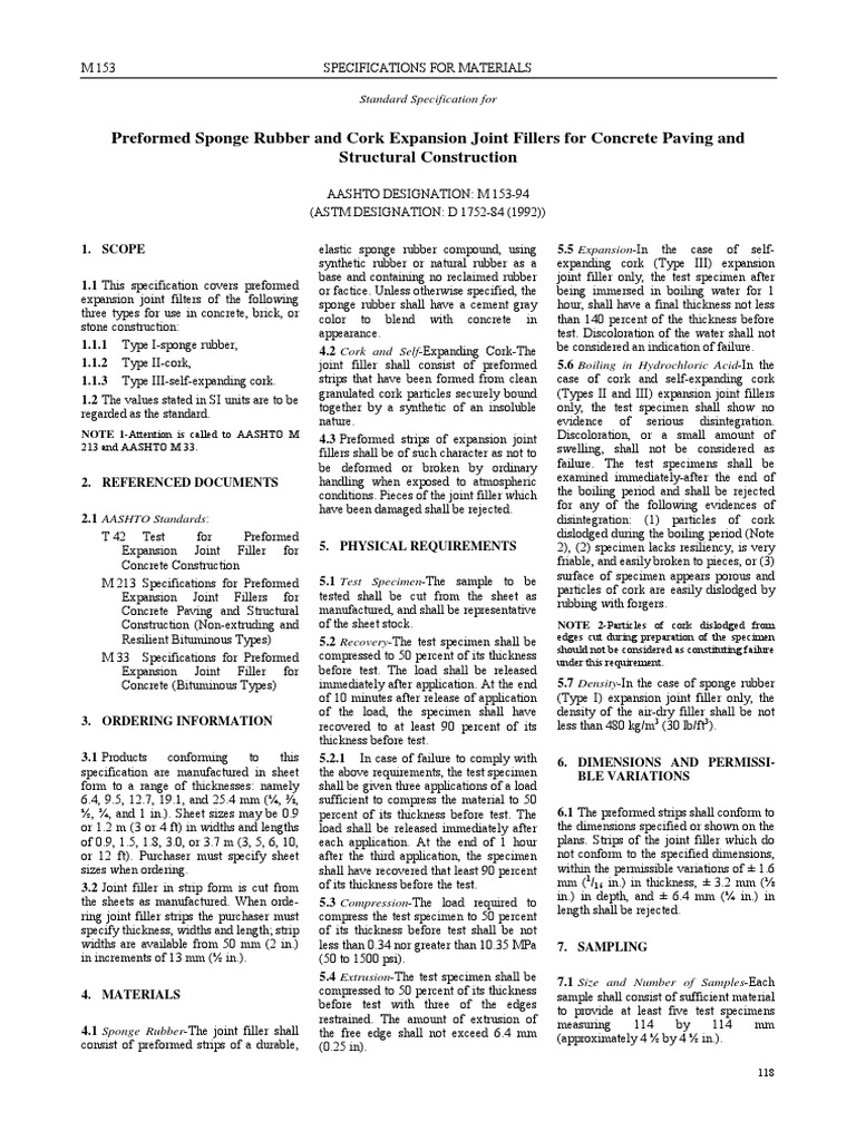 Specifications for Preformed Sponge Rubber and Cork Expansion Joint ...