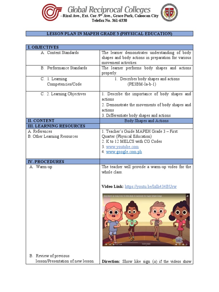 Calino, Kenneth - Lesson Plan in Mapeh Grade 3 (Pe) - Tpeh | PDF ...