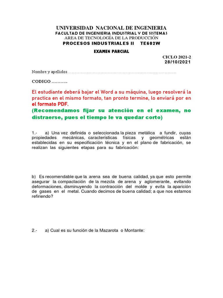 Examen Parcial Procesos 2021-2 | PDF | Procesos de negocio | Ingeniería de Edificación
