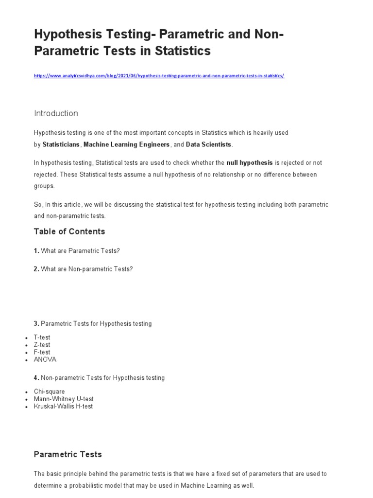 Hypothesis Testing Parametric and Non Parametric Tests | PDF | F Test ... Hypothesis Testing Parametric and Non Parametric Tests | PDF | F Test ...