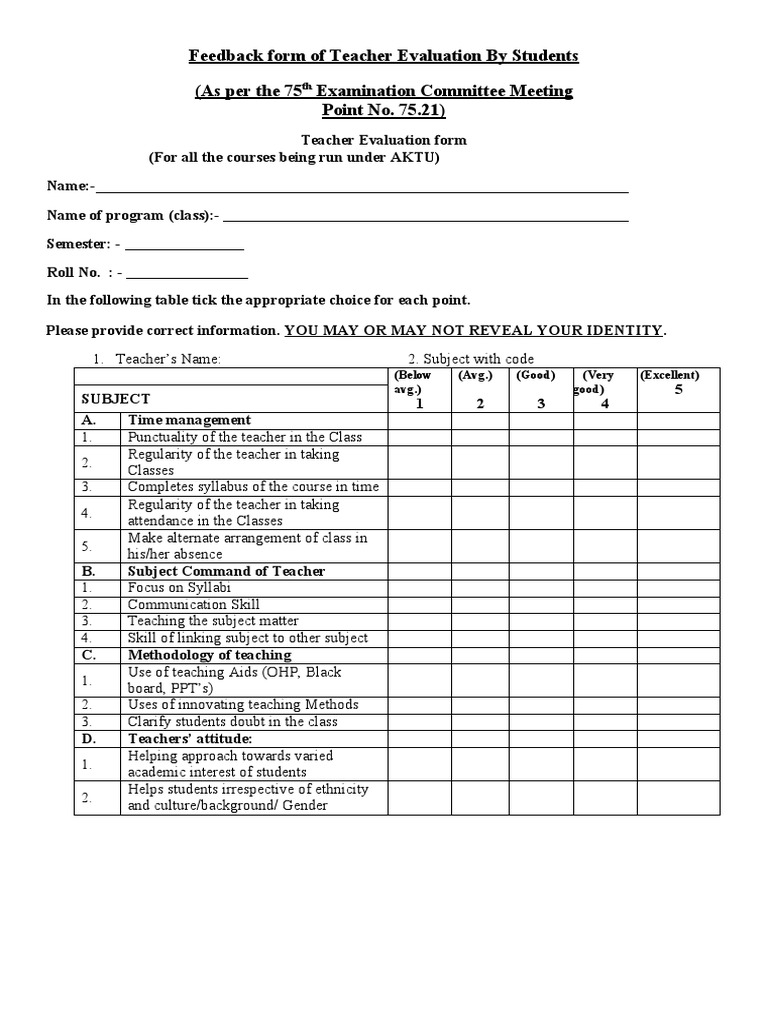 Feedback Form of Teacher Evaluation by Student | PDF