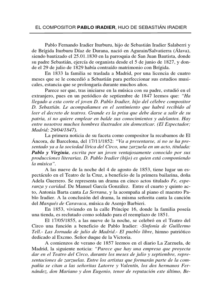 El Compositor Pablo Iradier, Hijo de Sebastián Iradier (Fernando ...
