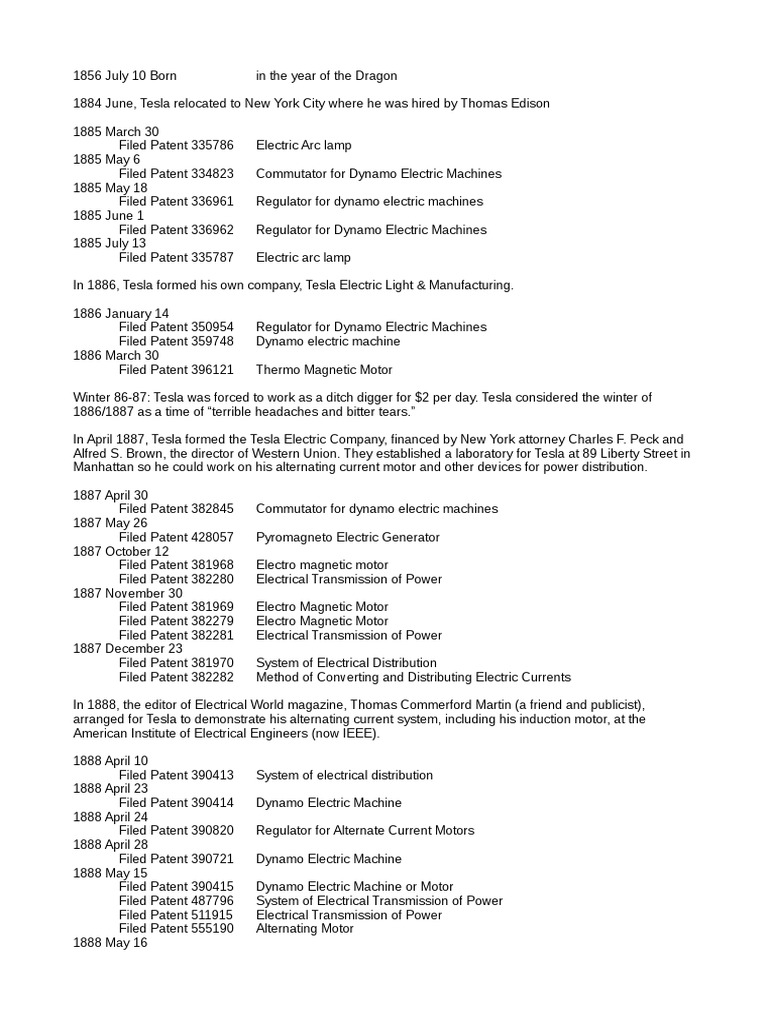 Tesla Timeline | PDF | Nikola Tesla | Electric Motor