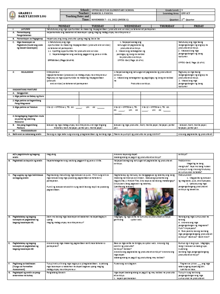Grade 5 DLL EPP 5 Q2 Week 1 | PDF
