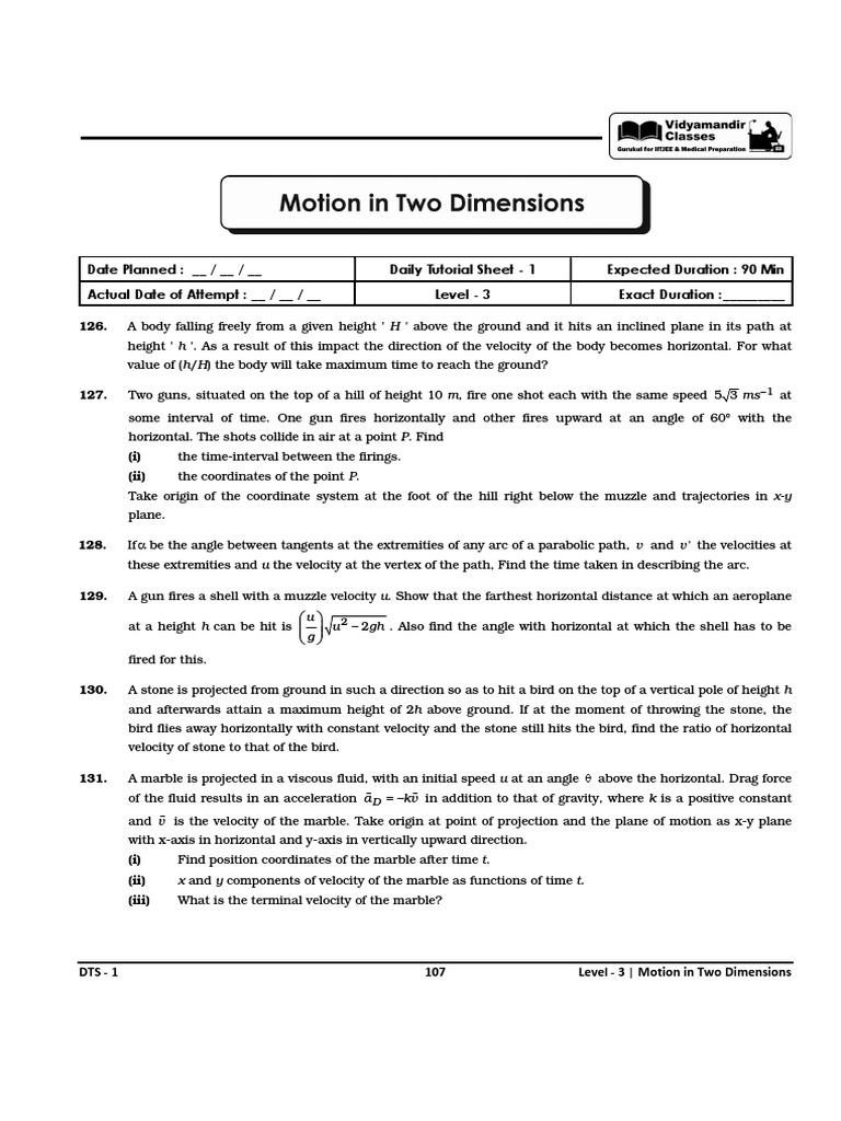 Motion in Two Dimension - Level 3 | PDF | Acceleration | Velocity