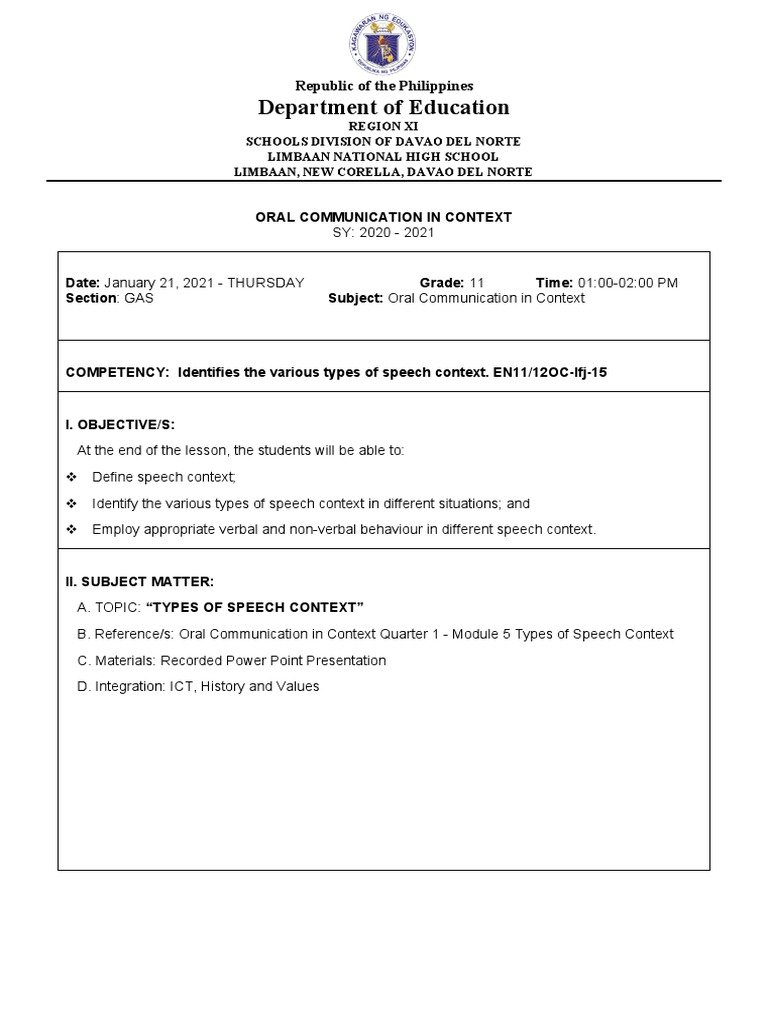 Oral Communication Lesson Plan | PDF | Communication | Cognition
