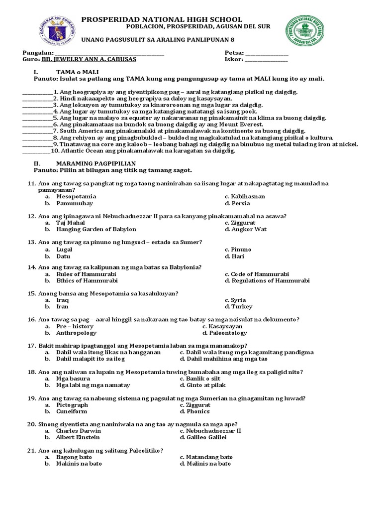 1ST Q Ap 8 TQ PNHS | PDF