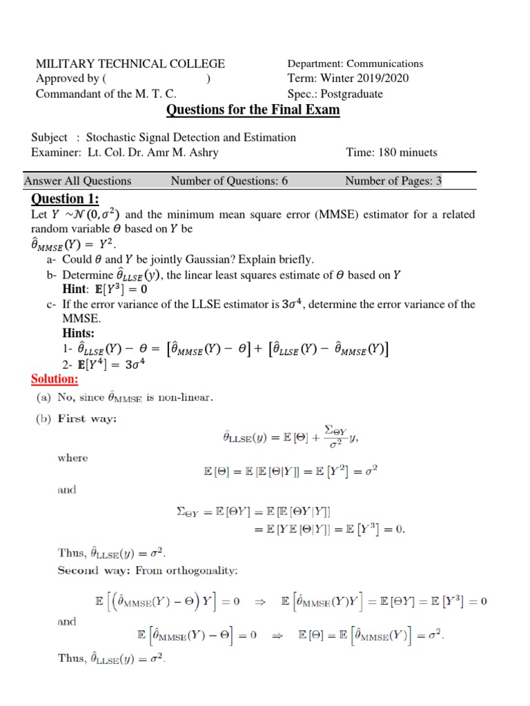 Stochastic Signal Detection And Estimation Questions For The Final