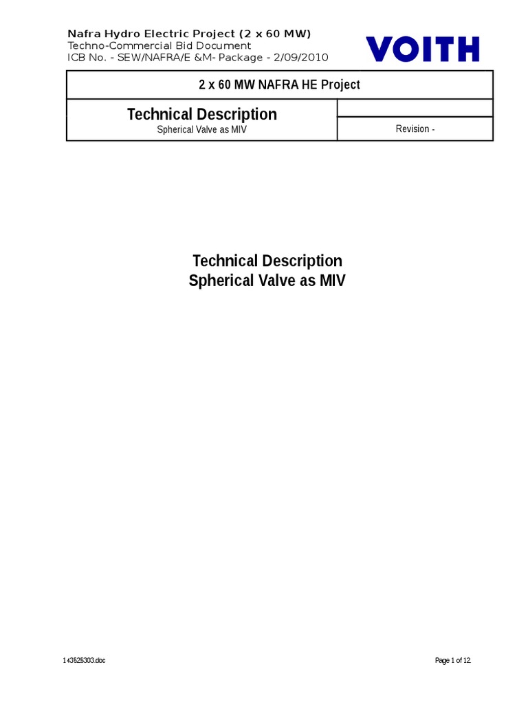 Technical Specifications for a 2200mm Spherical Main Inlet Valve for ...
