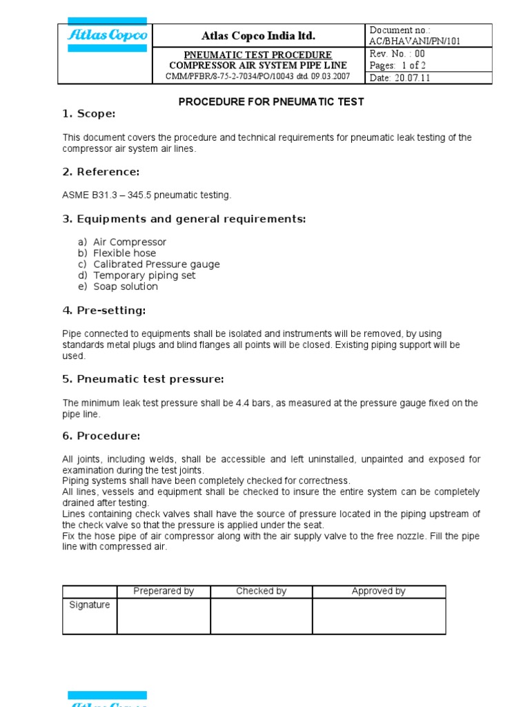 Pneumatic Test | PDF | Leak | Pipe (Fluid Conveyance)
