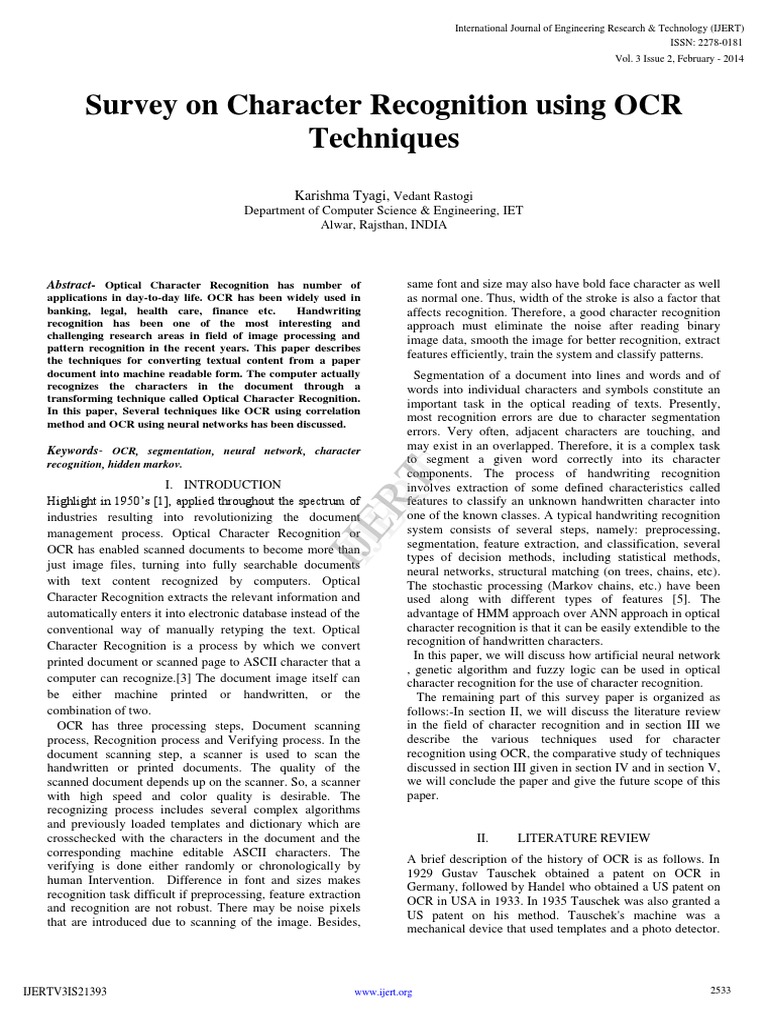 Survey Of Optical Character Recognition Techniques For Machine Reading Of Text Documents Using