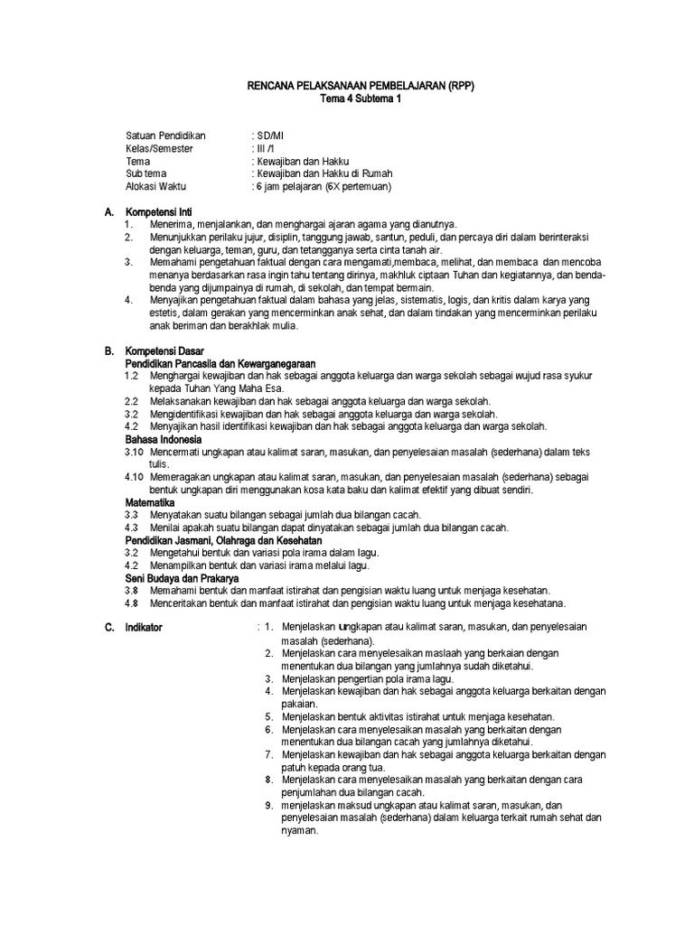 RPP Tematik 3 Tema 4 Sub 1 | PDF | Karier & Perkembangan