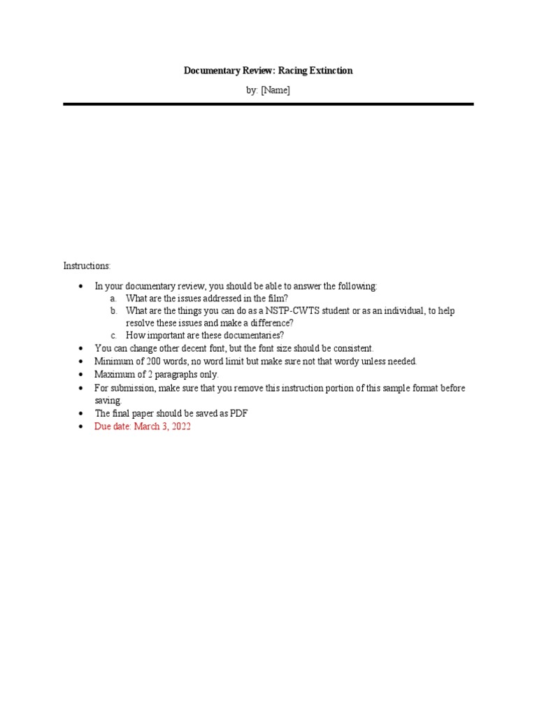 Sample Format For Documentary Review | PDF
