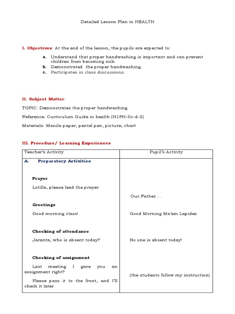 Danivie Jaranta Lesson Plan Health GRADE 3 | Download Free PDF | Hand ...