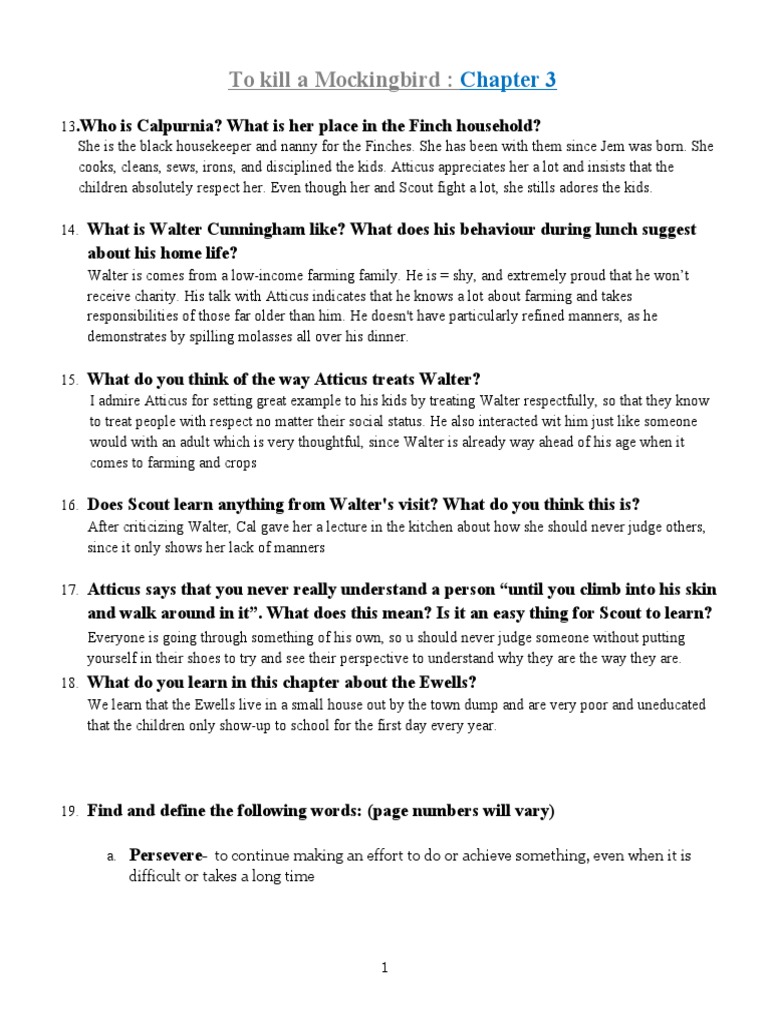 To Kill A Mockingbird - Chapter 3 Answers | PDF | To Kill A Mockingbird