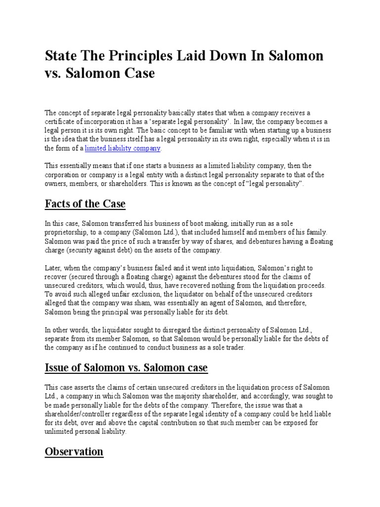 State The Principles Laid Down in Salomon Vs Salomon | PDF | Legal ...