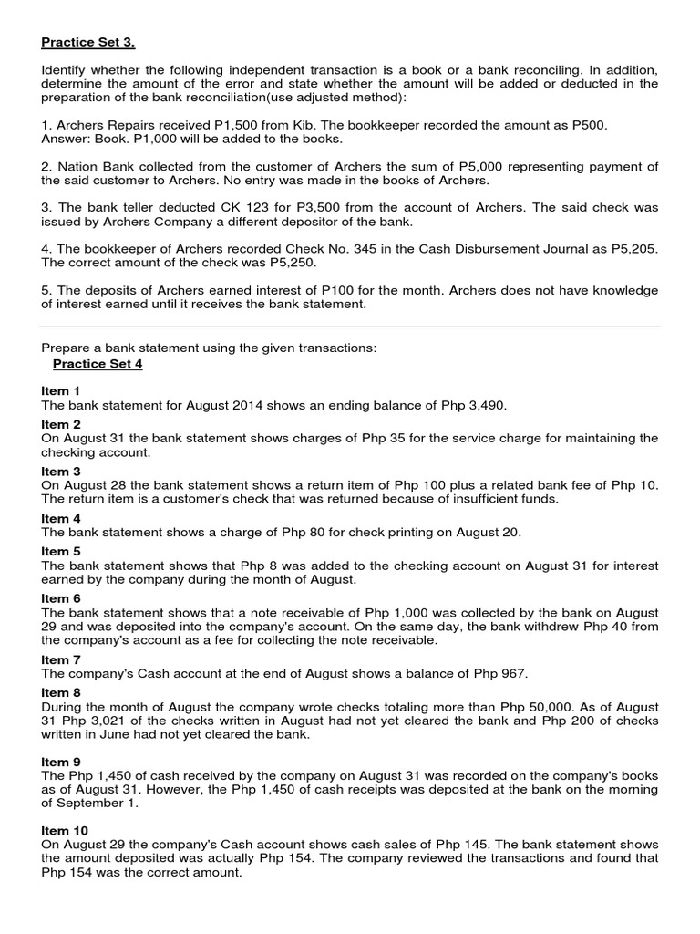 Bank Reconciliation Practice Set Guide | PDF | Cheque | Banks