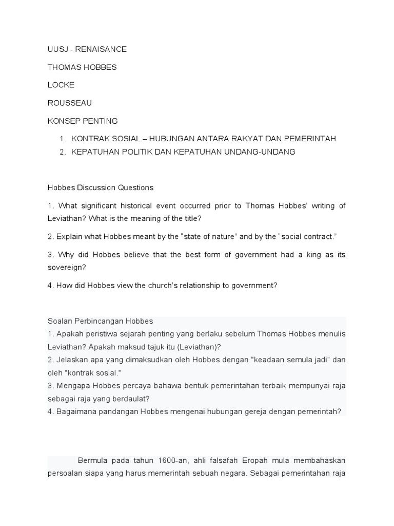 Kontrak Sosial-Hobbes-Locke-Rousse | PDF