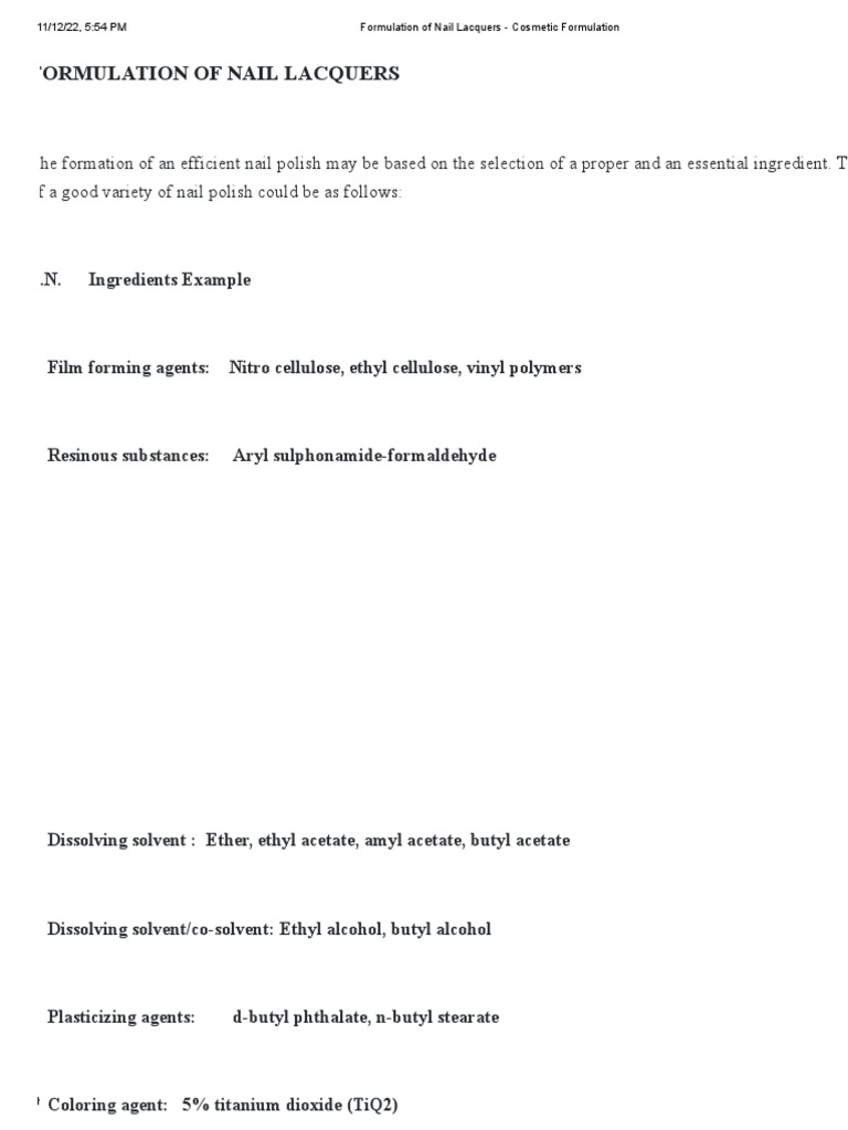 Formulation of Nail Lacquers - Cosmetic Formulation | PDF | Solvent ...