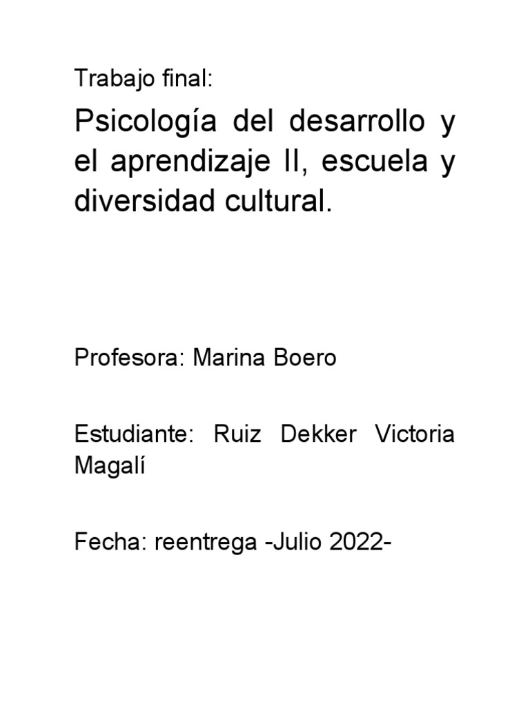 Trabajo Final Psicologia Del Desarrollo II Ruiz Dekker Victoria | PDF | Sicología | Cognición