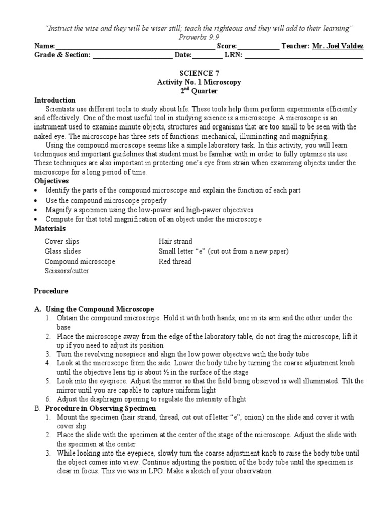 Grade 7 Microscope Activity Guide | PDF | Microscope | Laboratories