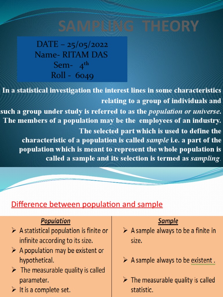 Sampling Theory PPT Present | PDF | Sampling (Statistics) | Bias Of An Estimator