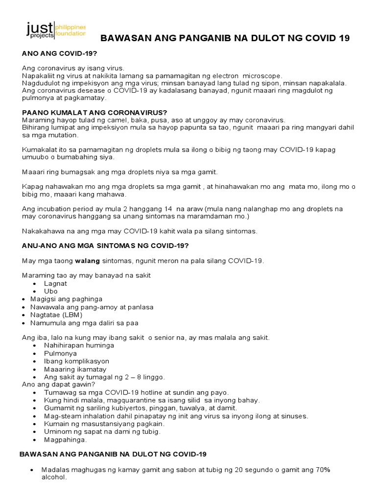 Bawasan Ang Panganib Na Dulot NG Covid 19 | PDF