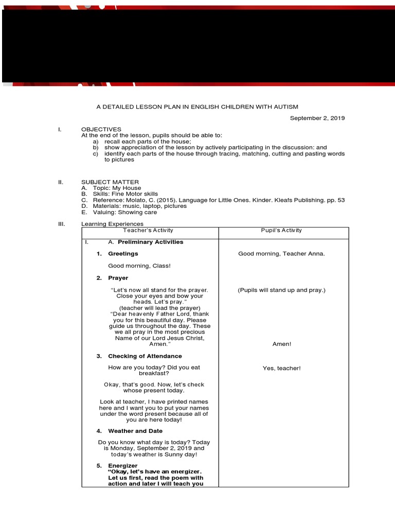 Lesson Plan: Parts of the House for Autism | PDF | Wall | Classroom