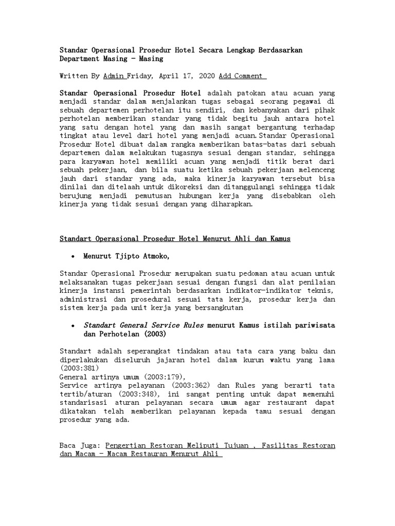 Standar Operasional Prosedur Hotel Secara Lengkap | PDF