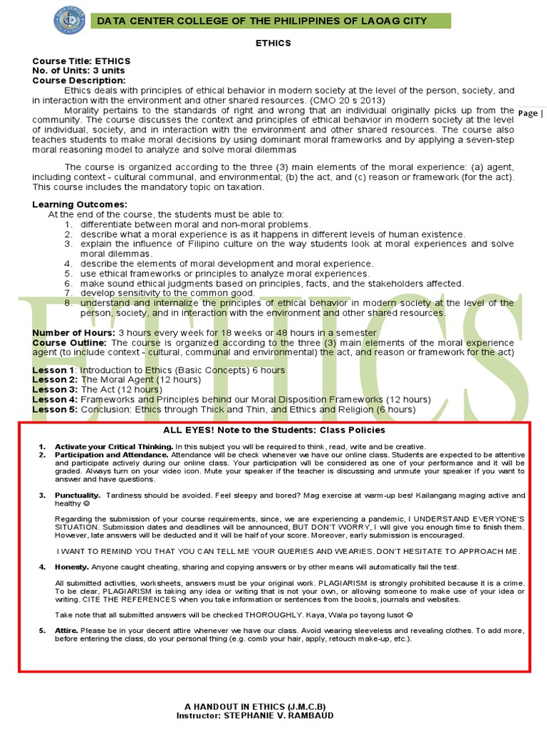 Ethics Course Overview and Guidelines | PDF | Morality | Free Will