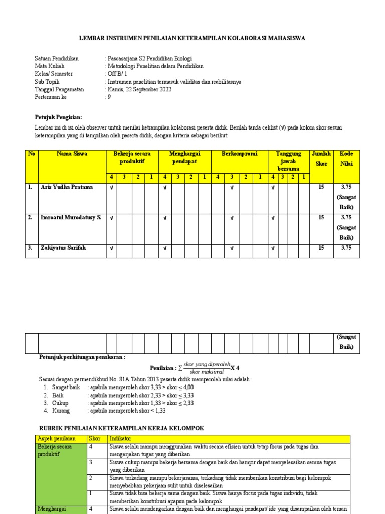 Lembar Instrumen Penilaian Keterampilan Kolaborasi Mahasiswa Kel 3 LS2 | PDF