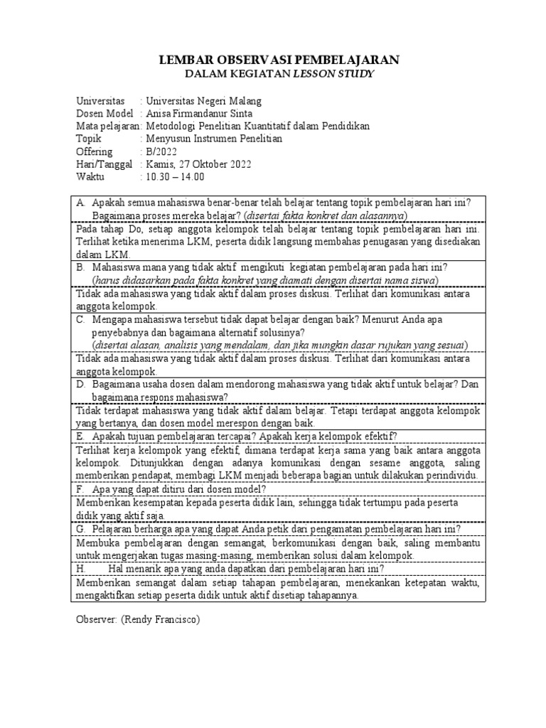 Rendy (LEMBAR OBSERVASI Kel 1) | PDF
