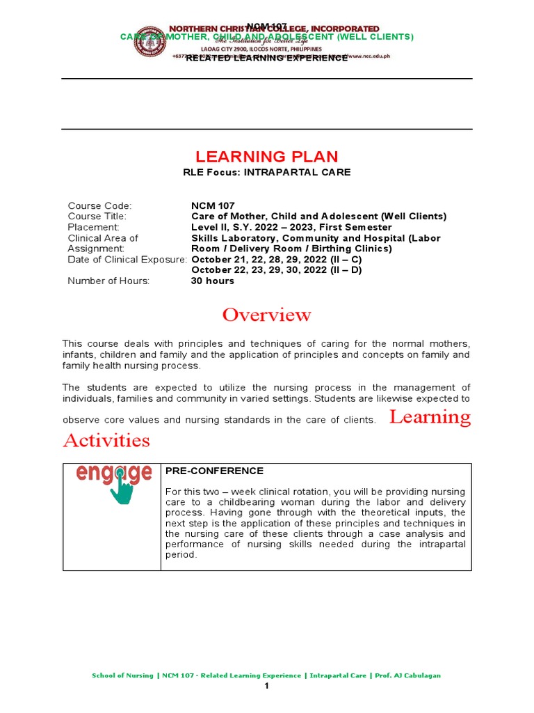 NCM 107 Learning Plan Intrapartal Third Rotation | PDF | Childbirth ...