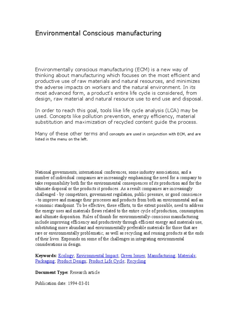 Environmentally Conscious Manufacturing Industrial Design For ...