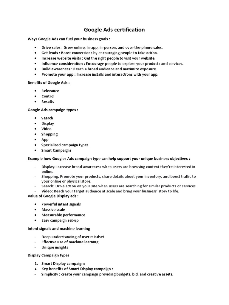 Google Ads Certification - Study Guide | PDF | Marketing | Business