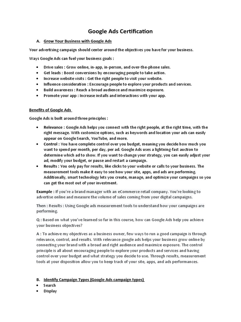 Google Ads Certification - Notes | PDF | Advertising | Marketing