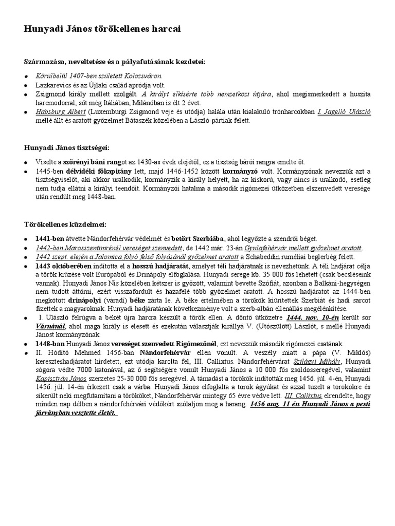 Hunyadi János Törökellenes Harcai | PDF