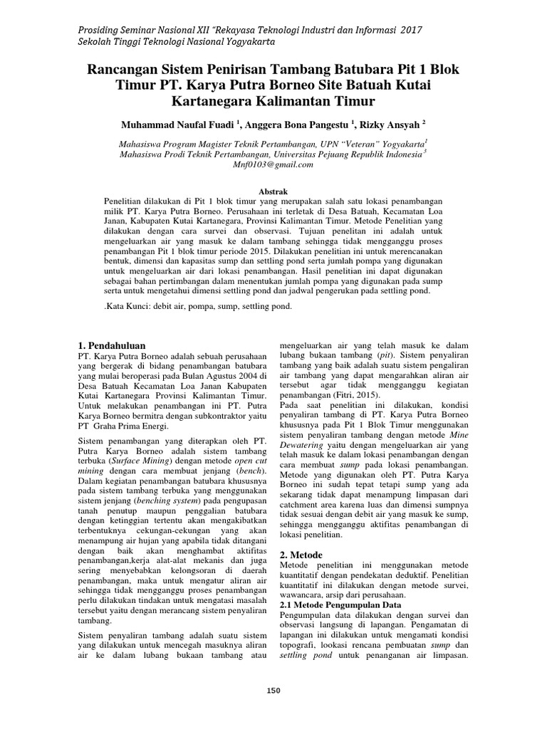 Rancangan Sistem Penirisan Tambang Batubara Pit 1 Blok Timur PT. Karya Putra Borneo Site Batuah ...